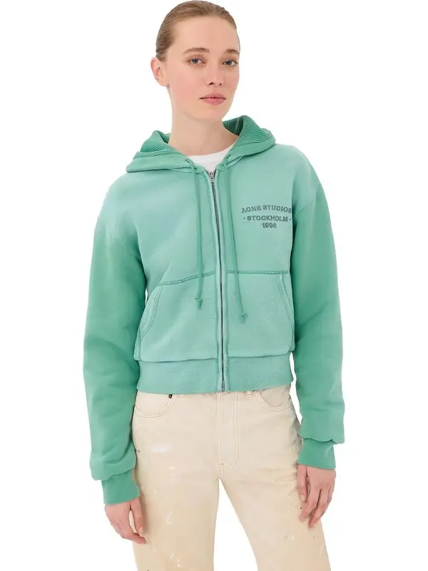 Acne Studios Hooded Zip-up Sweatshirt With Logo Detail - Mint Green