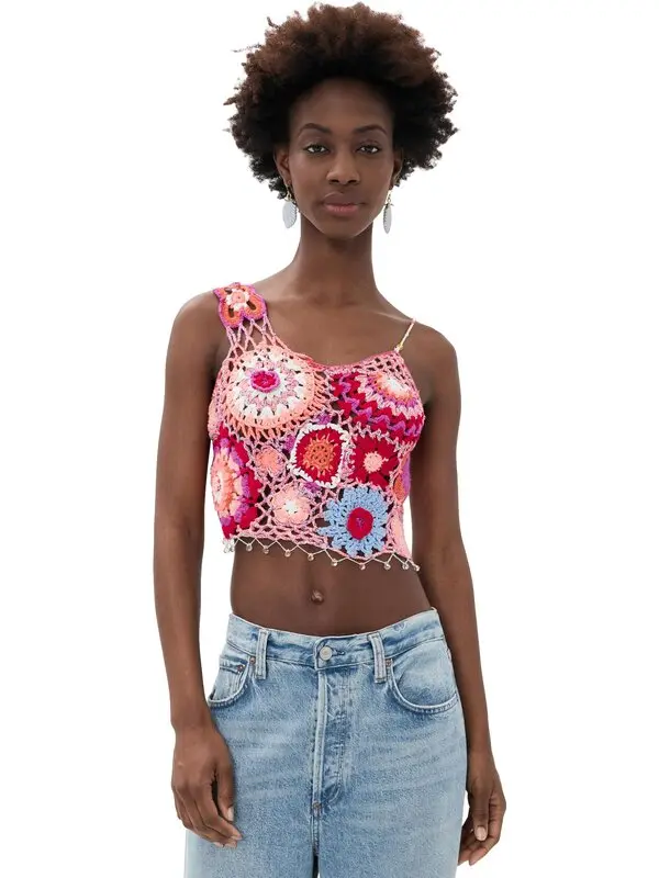 Free People Fiorella Crochet One Shoulder Tank - Pink Solace Combo