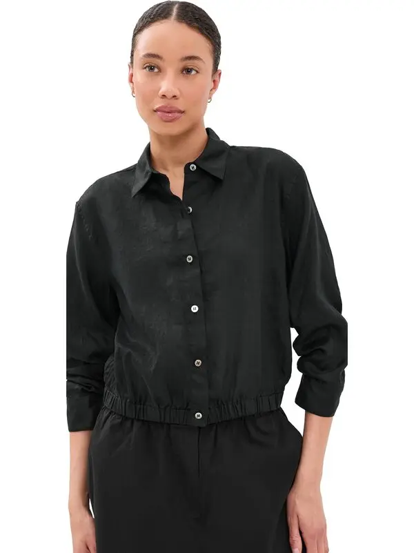 Theory Cropped Linen Shirt With Ruched Sleeves - Black - 001