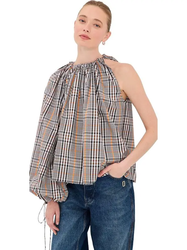 A.W.A.K.E. Mode One-shoulder Plaid Voluminous Top - Brown Check