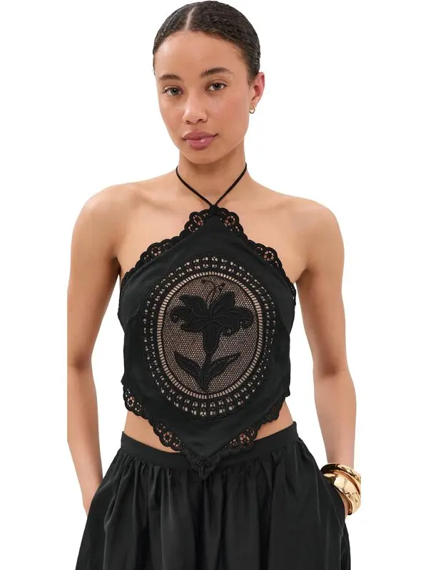 Retrofete Halter Neck Top With Floral Cutout And Lace Trim - Black