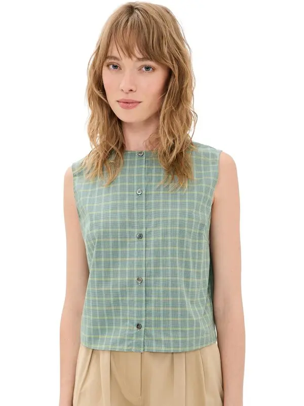 Theory Plaid Button-down Tank Top - Green Multi - V52