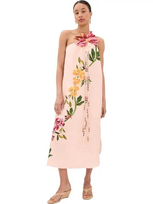 Farm Rio One-shoulder Maxi Dress With Floral Embellishment - Garden Terrace Pink