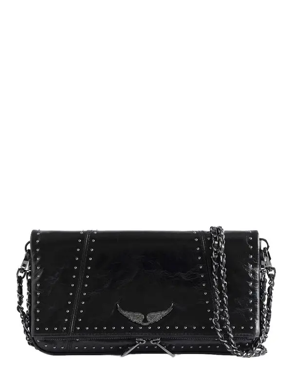 Zadig&Voltaire Grained Leather Studded Clutch Bag With Metal Chains - Black