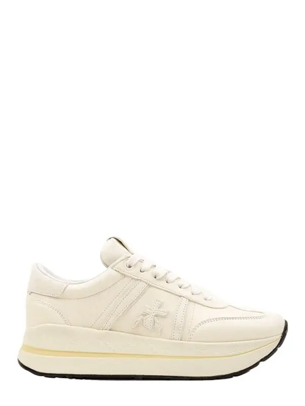 Premiata Leather And Fabric Paneled Sneakers With Glitter Details - White