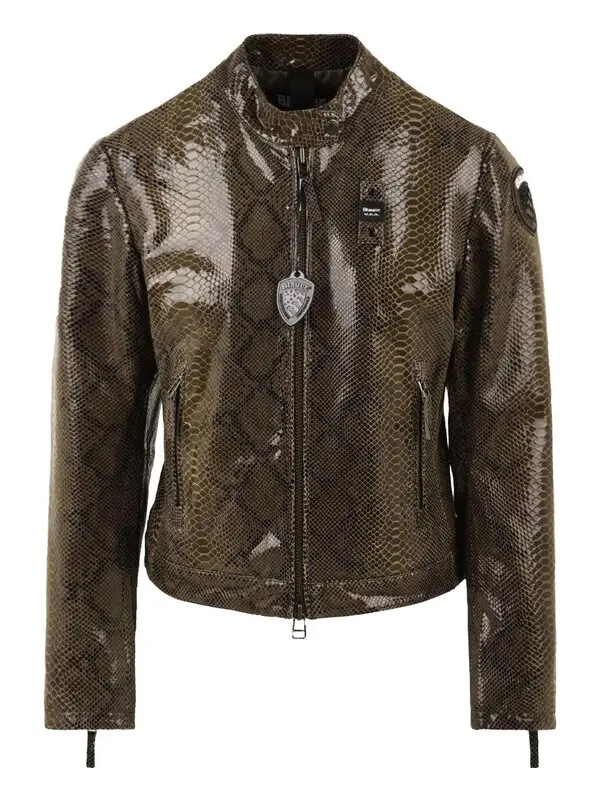 BLAUER. Biker Jacket With Python Print - Green