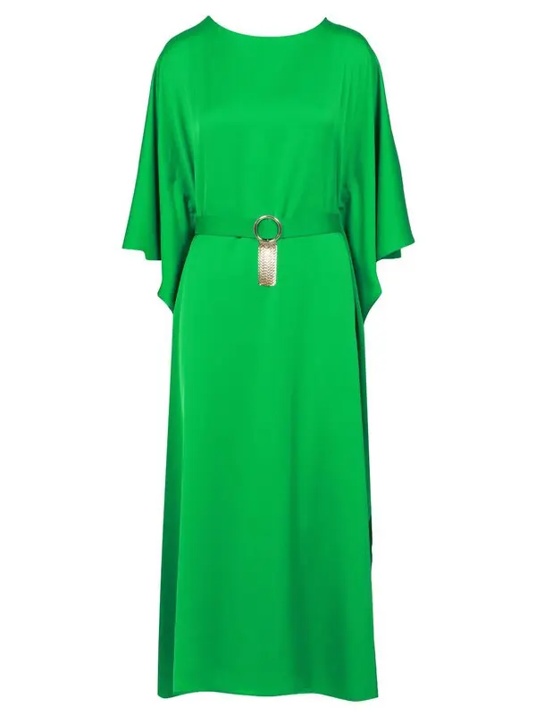 SIMONA CORSELLINI Satin Dress With Batwing Sleeves And Embellished Waist Belt - Verde