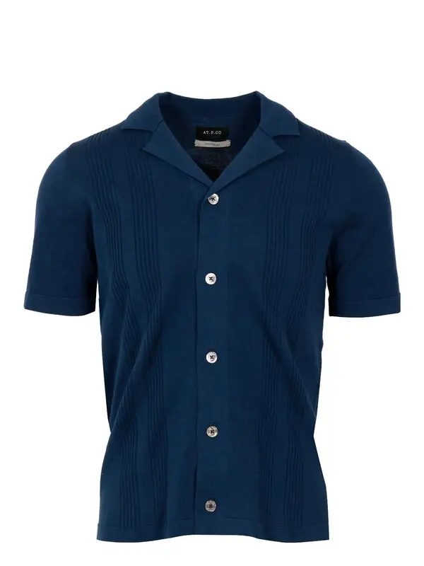 AT.P.CO Ribbed Knit Bowling Collar Short Sleeve Button-up Shirt - Ocean
