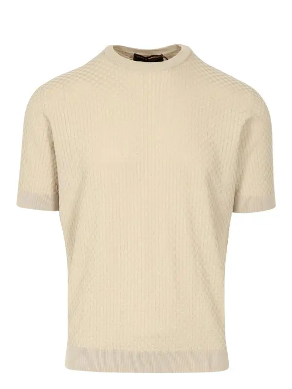 FILIPPO DE LAURENTIIS Cotton Textured Crew Neck Short Sleeve Top - Ecru