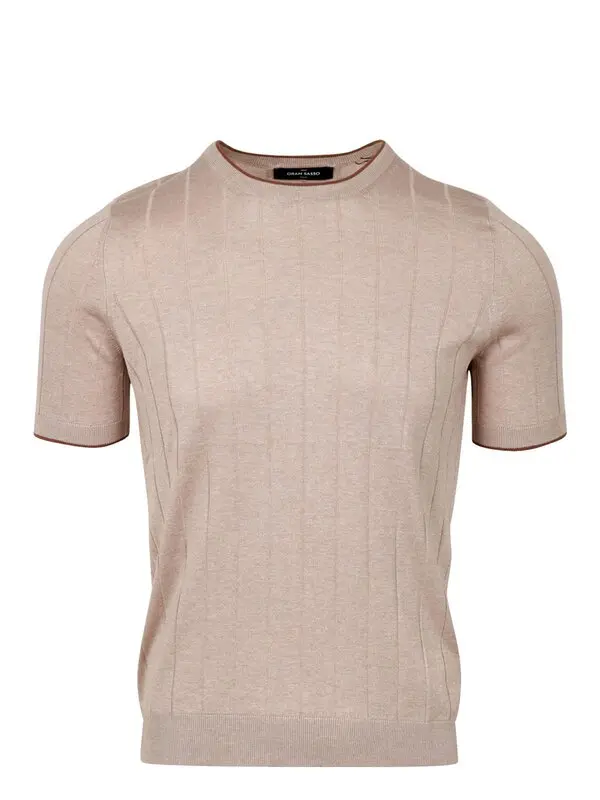 GRAN SASSO Silk Short Sleeve Knit Top - Beige+brown