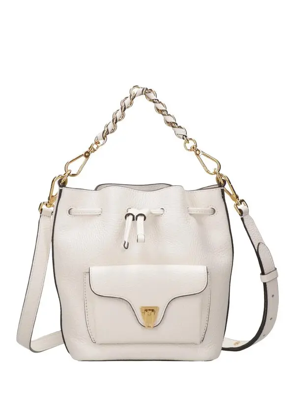 COCCINELLE Grained Leather Bucket Bag With Chain Strap And Drawstring Closure - Pearl