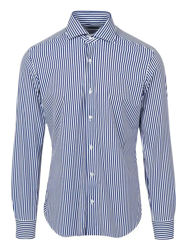 BARBA NAPOLI Vertical Striped Dress Shirt - White+navy Blue