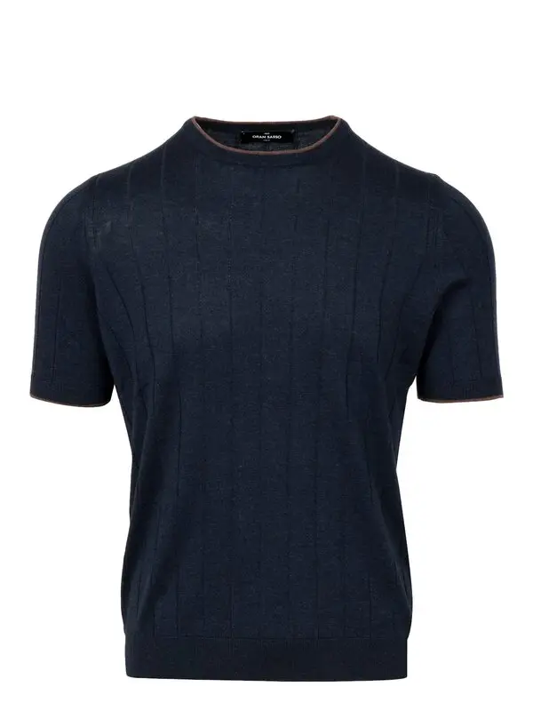 GRAN SASSO Silk Short Sleeve Knit With Vertical Weave - Blue+brown