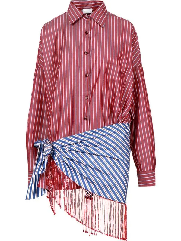 Andamane Striped Patchwork Shirt With Beaded Fringe - Red+light Blue