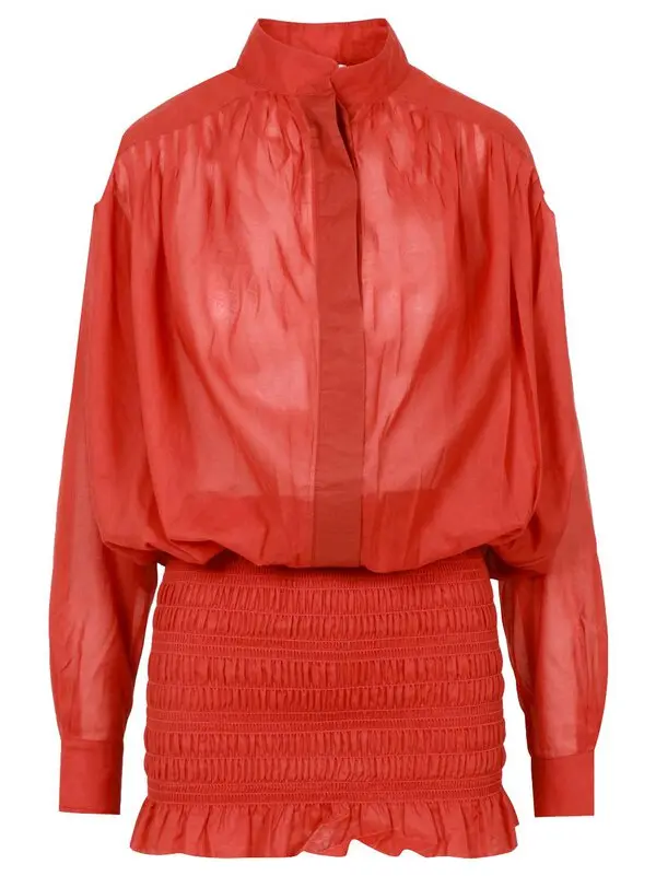 Andamane Cotton Muslin Oversize Shirt Dress With Mandarin Collar And Ruffle Trim - Orange