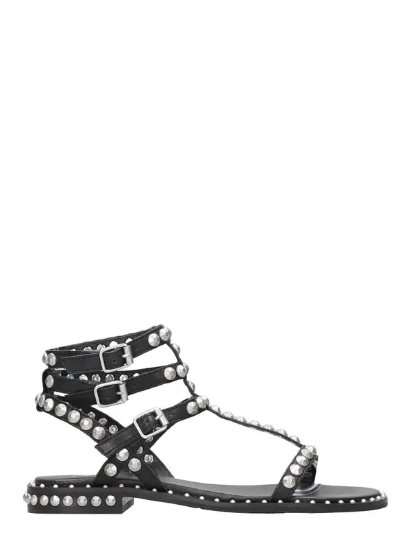 Ash Studded Leather Gladiator Sandals With Buckled Ankle Straps - Black+silver
