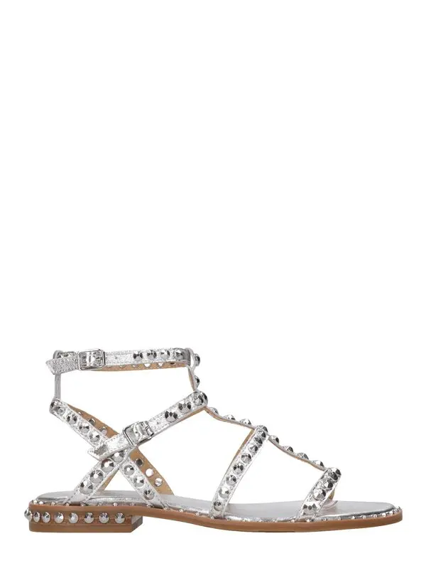 Ash Leather Studded Ankle Strap Sandals - Silver