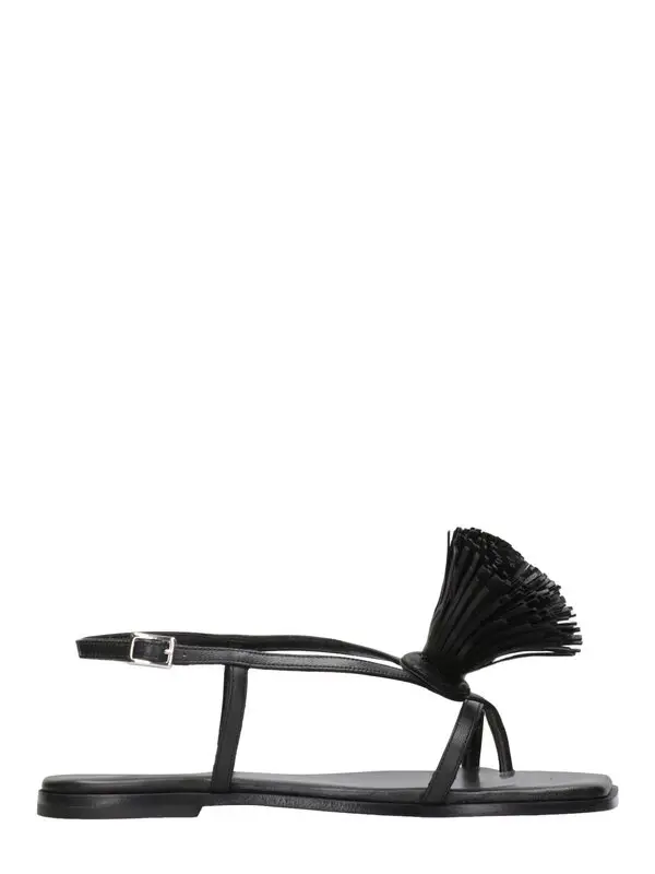 VIC MATIE Flat Sandals With Frayed Leather Pom Pom And Adjustable Ankle Strap - Black