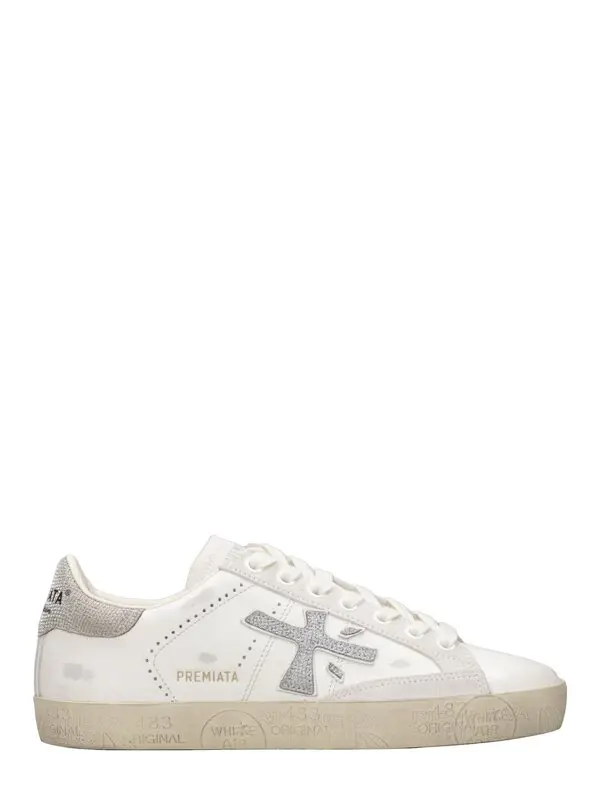Premiata Leather And Suede Sneakers With Glitter Mesh Accents - White+silver