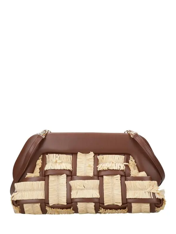 THEMOIRE Raffia Fringed Faux Leather Clutch With Shoulder Strap - Brown+beige