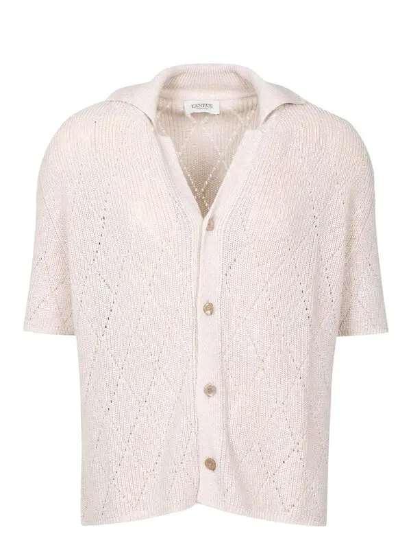 LANEUS Cotton Openwork Diamond Knit V-neck Short Sleeve Sweater - Beige