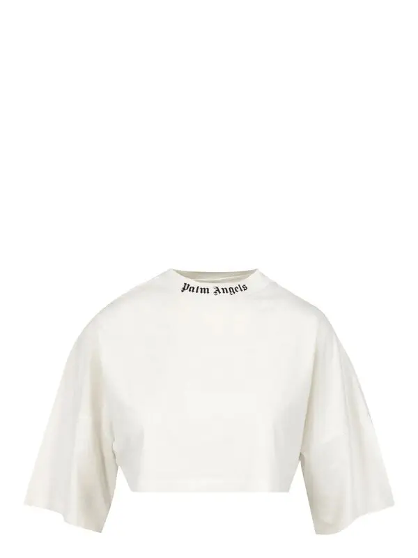 Palm Angels Cropped T-shirt With Logo Detail - White+black