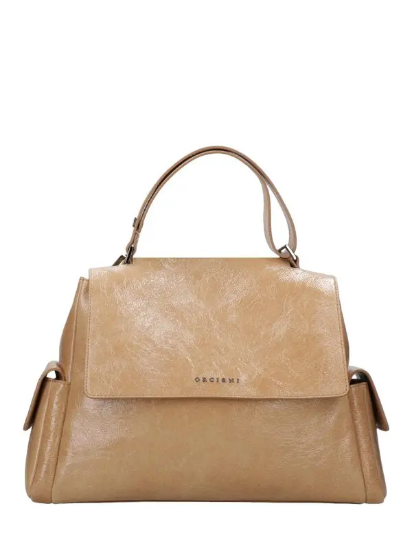 ORTIGNI Hammered Leather Satchel With Glossy Finish - Beige