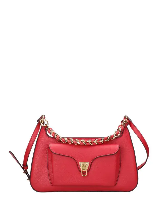 COCCINELLE Grained Leather Handbag With Chain And Pearl Shoulder Strap - Rosso
