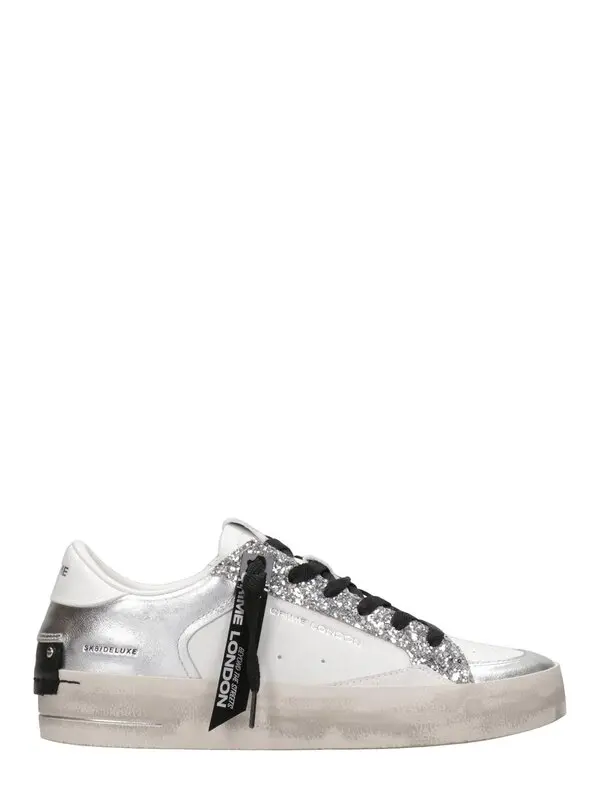 CRIME LONDON Distressed Leather Sneakers With Glitter And Metallic Accents - Bianco+argento