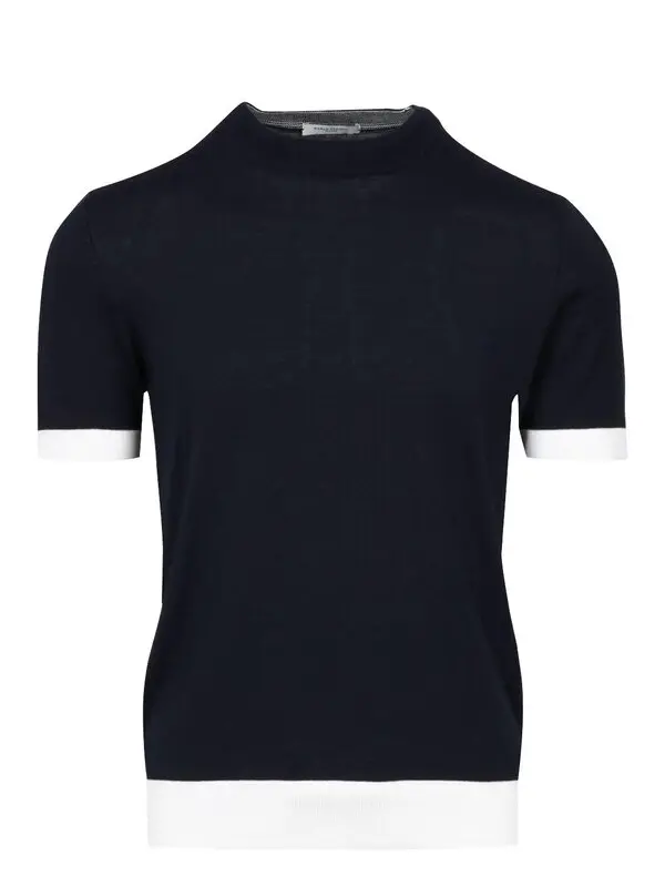 PAOLO PECORA Cotton Knit Crew Neck Half Sleeve Top - Blue