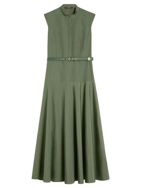 Max Mara Sleeveless Maxi Dress With Mandarin Collar And Belted Waist - Green