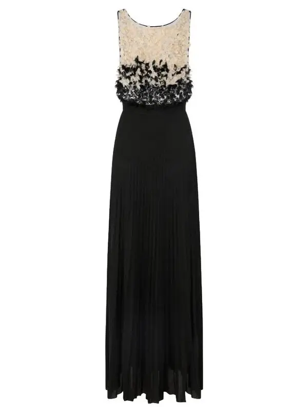 Elisabetta Franchi Embellished Tulle And Lurex Pleated Maxi Dress With Slit - Nero/burro