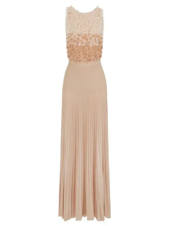 Elisabetta Franchi Tulle And Lurex Evening Dress With 3d Petals And Crystals - Carne/burro