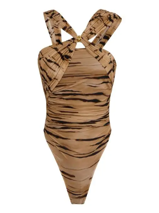 Elisabetta Franchi Bodysuit With Tiger Print - Cammello