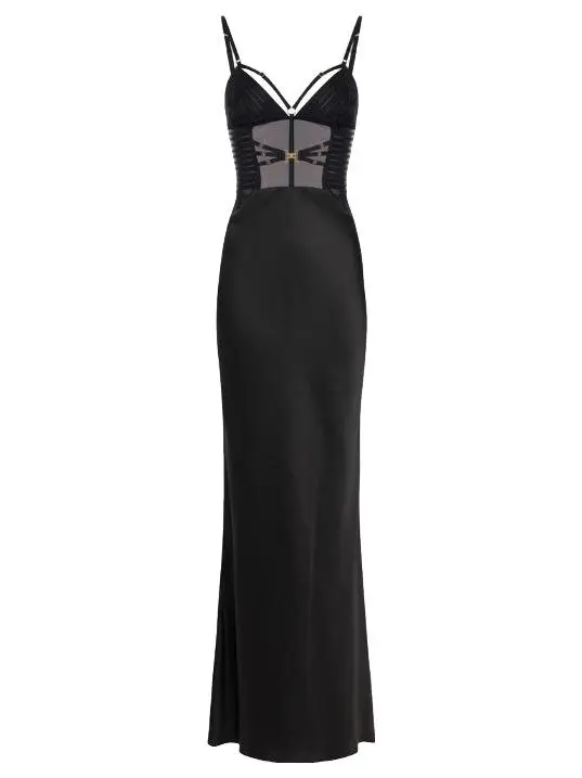 Elisabetta Franchi Strappy Satin Evening Gown With Tulle Inserts - Black