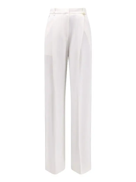 Elisabetta Franchi Crepe Fabric Trousers With Logo Detail - Ivory