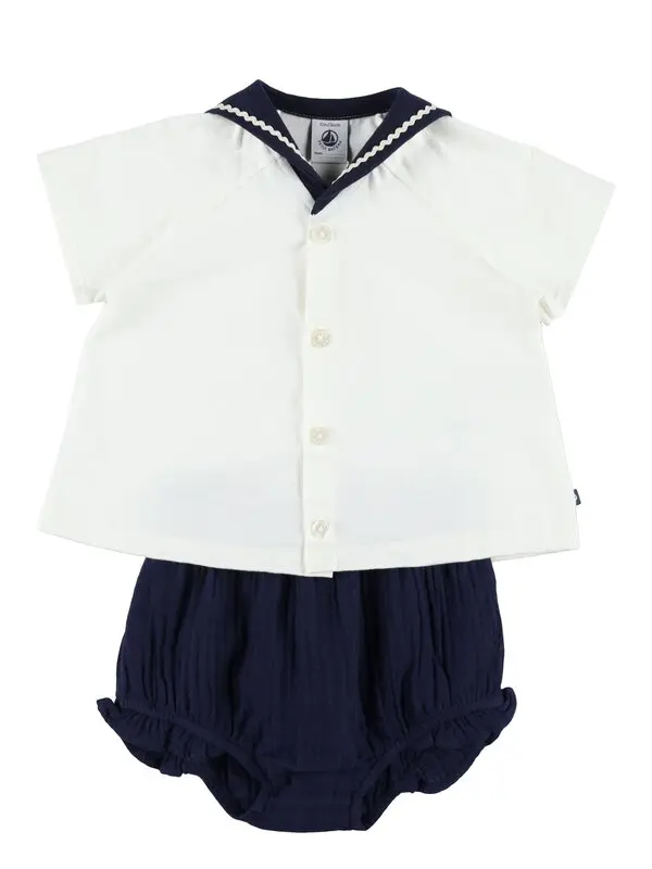 Petit Bateau Sailor Collar T-shirt And Cotton Gauze Shorts Set - White