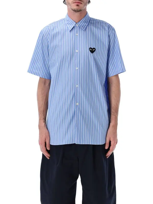 Play Comme Des Garcon Striped Cotton Shirt With Heart Patch - Blue White Stripes