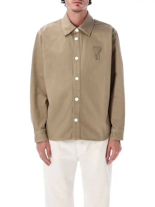 Ami Cotton Twill Overshirt With De Coeur Patch - Beige Taupe
