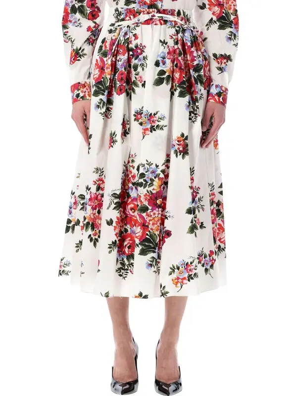 Dolce & Gabbana Floral Print Poplin Midi Skirt - White Multicolor Flowers