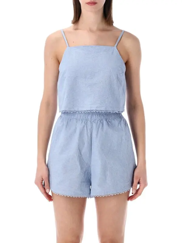 American Vintage Feoly Cotton Top With Lace Trim - Blue
