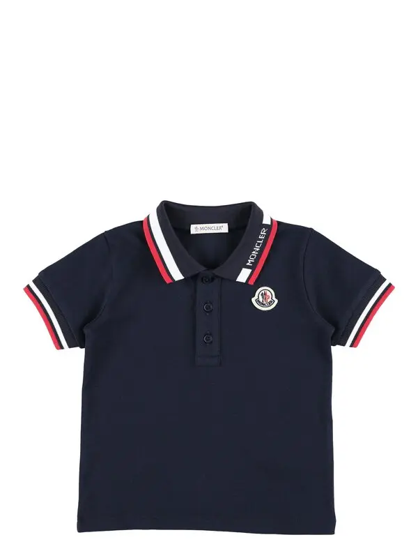 Moncler Stretch Cotton Piqué Polo Shirt With Tricolour Trim - Blue