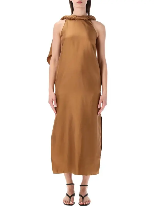 LOULOU Susan Twisted Collar Silk Dress - Macadamia