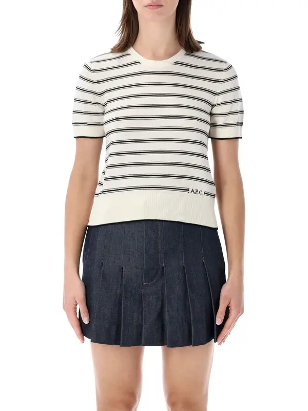A.p.c. Striped Short Sleeve Knit Sweater - Ecru Black Stripes