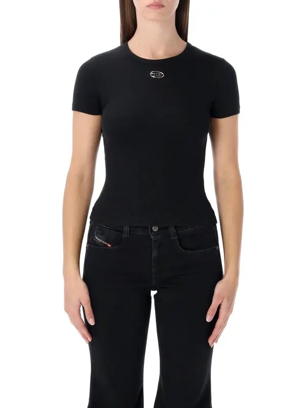 DIESEL® Ribbed Stretch Cotton T-shirt With Metallic Oval D Logo - Black