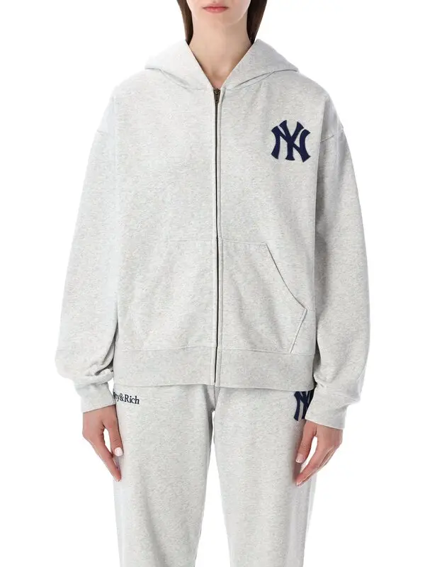 SPORTY & RICH Heritage Yankees Serif Zip Hoodie - Heater Grey