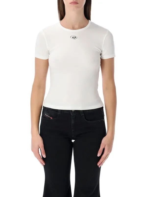 DIESEL® Ribbed Stretch Cotton T-shirt With Metallic Oval D Logo - White