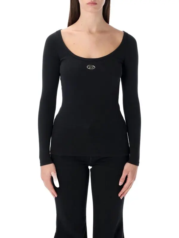 DIESEL® Long Sleeve Ribbed Cotton Top With Metallic Logo - Black