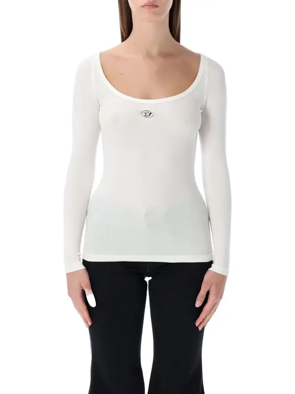 DIESEL® Long-sleeve Ribbed Cotton Top With Metallic Logo - White