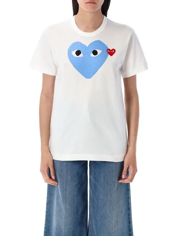 Play Comme Des Garcon White Cotton T-shirt With Heart Graphic - Blue
